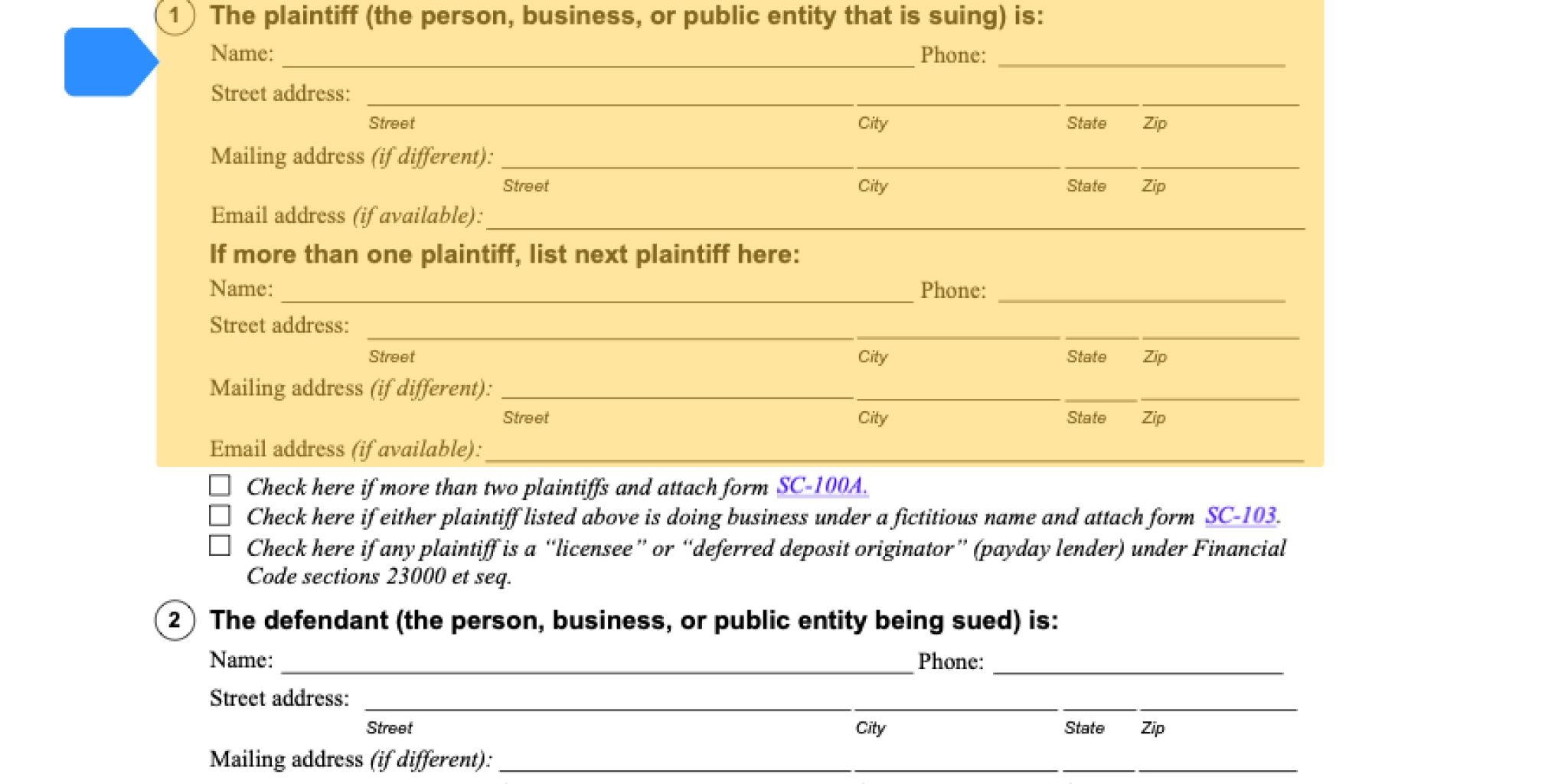 Plaintiff’s Claim and ORDER to Go to Small Claims Court (form SC-100) | California Courts | Self ...