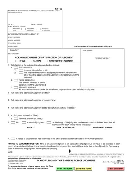 Acknowledgment of Satisfaction of Judgment | California Courts | Self Help Guide